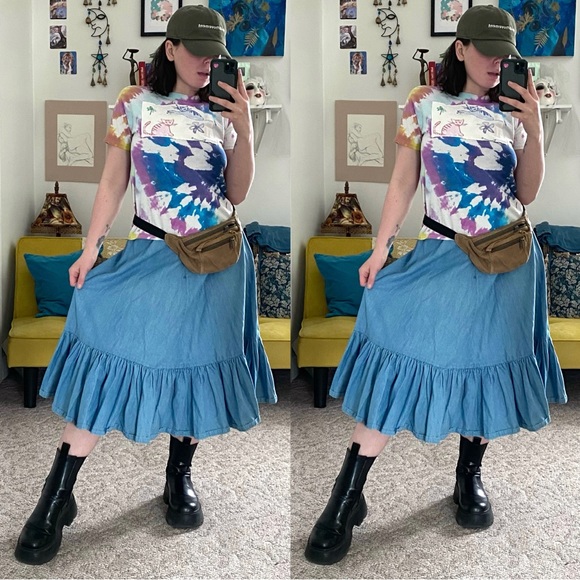 Skirts | Handmade Denim Midi Skirt W Ruffle Bottom | Poshmark